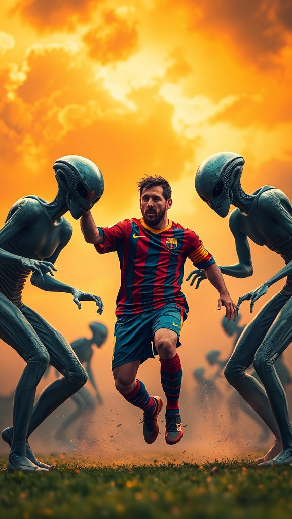Art created by messi fighting with aliens