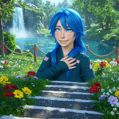 green trees anime realistic bright portrait... | BasedLabs